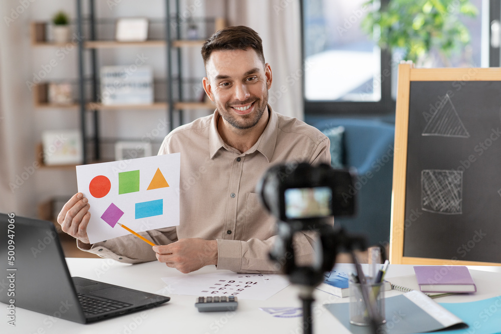 distance education, school and remote job concept - happy smiling male ...