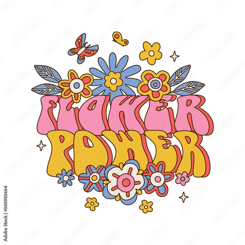 Flower Power Lettering text with daisy and butterfly concept. Template ...