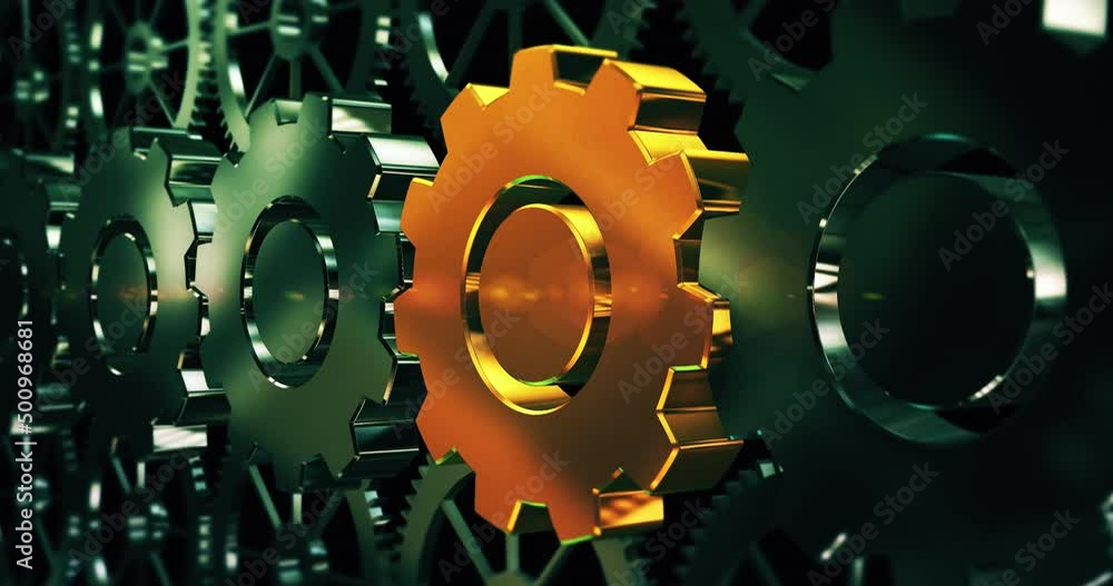 Gold Gear Standing Out. Gears Rotating Slowly. Perfect Loop. Industry ...