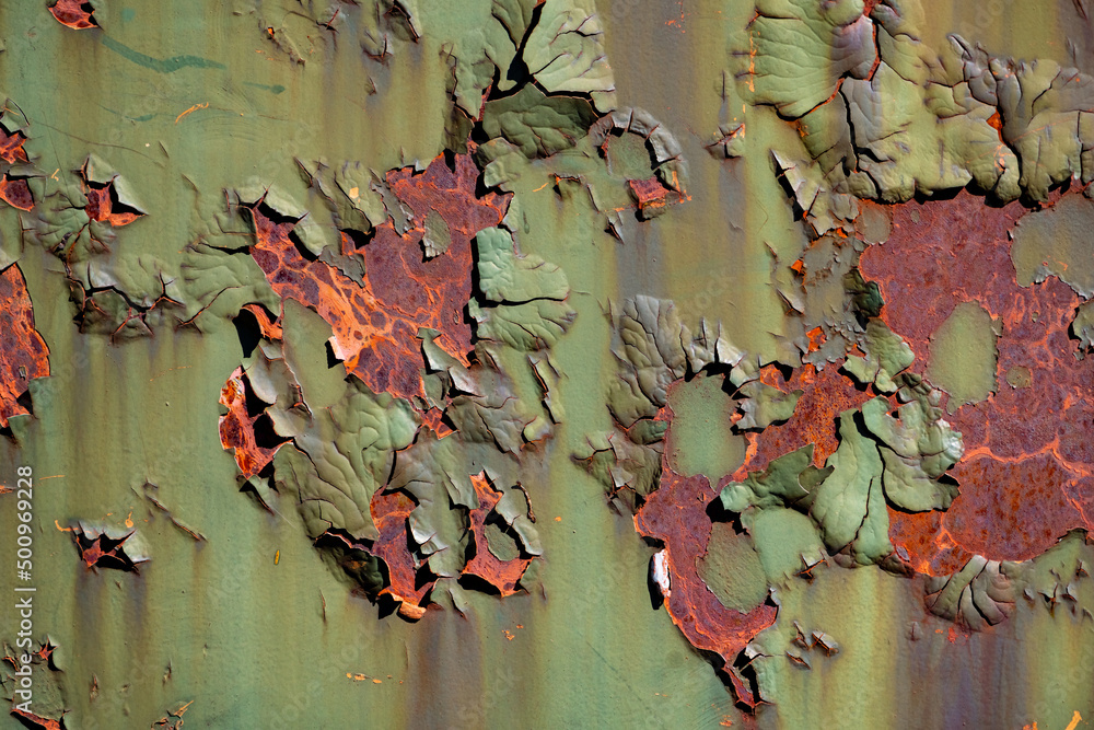 Peeled off paint on rusty vehicle surface of a ruined train. Vintage ...