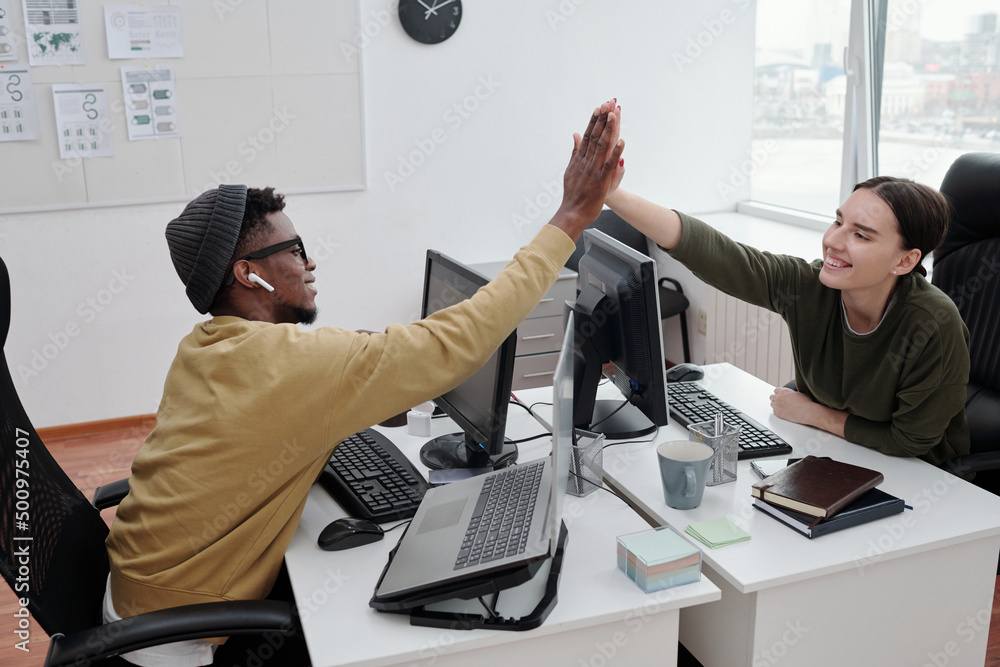 Two young successful programmers congratulating one another with ...
