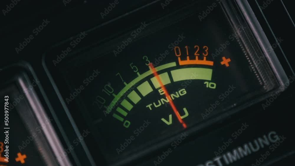 Arrow VU meter on tape recorder, analog indicator of sound signal level ...