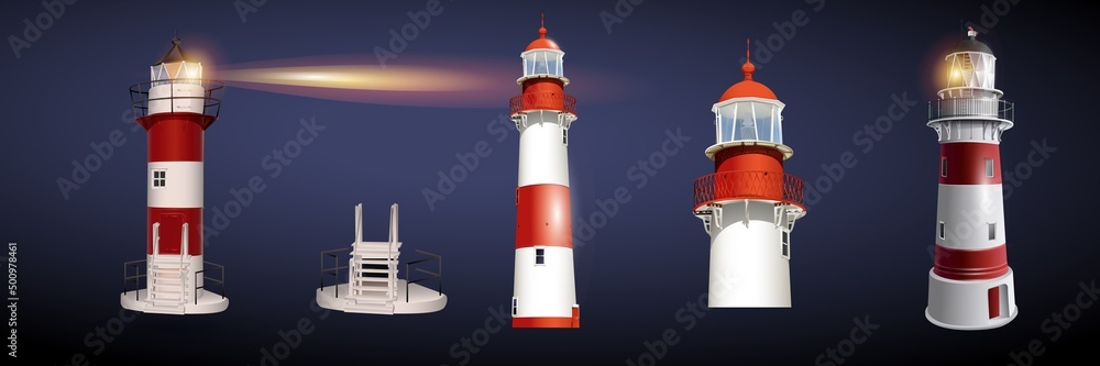 Realistic lighthouse in the night sky background. Vector illustration ...