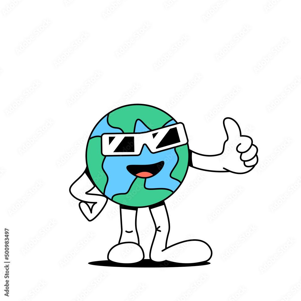 Cartoon planet earth stands and cheerfully shows thumbs up.Character ...