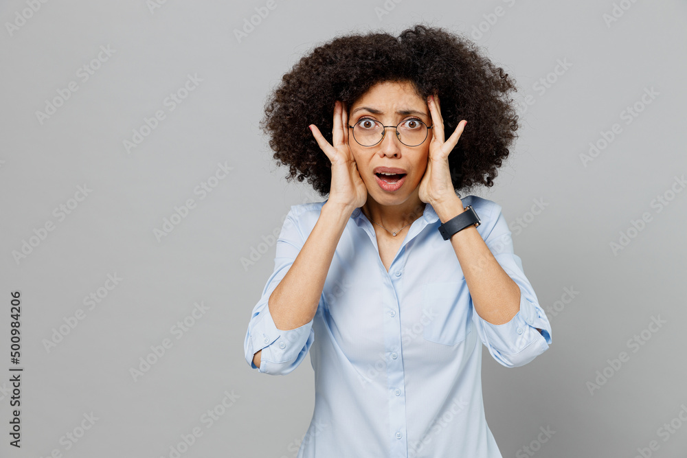 Young scared shocked displeased employee business corporate lawyer ...