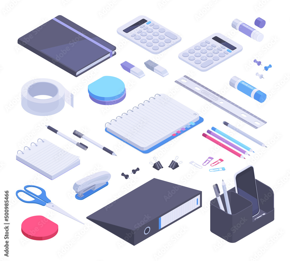 Isometric school desk stationery, 3d office tools, notebook, scissors ...