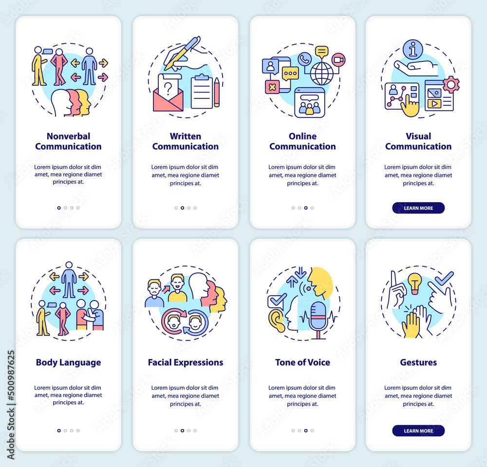 Verbal and non verbal communication onboarding mobile app screen set ...