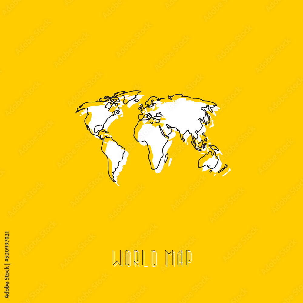 White World map with black outline on yellow background. Simple ...