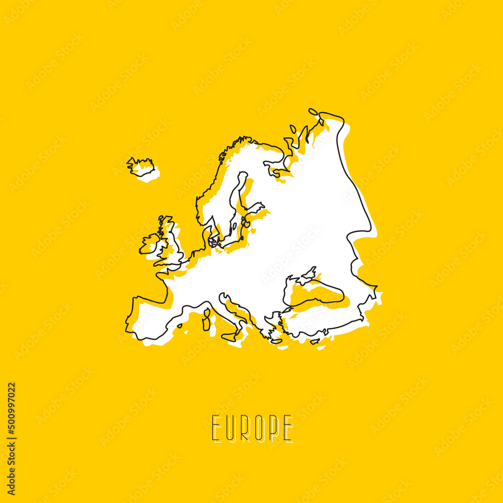 White Europe continent map with black outline on yellow background ...