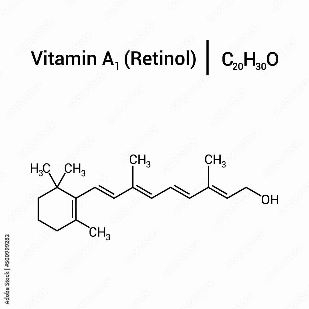 chemical structure of vitamin a1 or retinol (C20H30O) Stock Vector ...