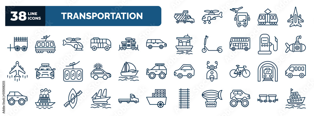set of transportation web icons in outline style. thin line icons such ...