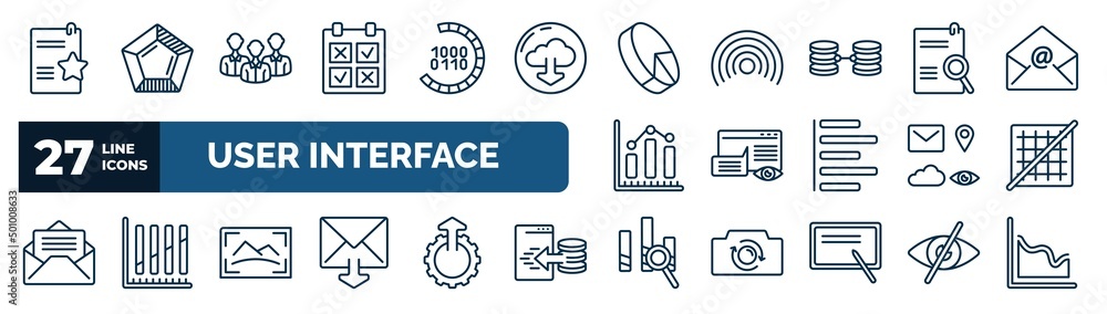 set of user interface web icons in outline style. thin line icons such as documents with a star ...