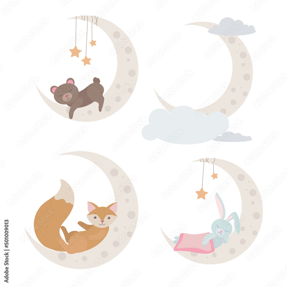 Cute animals sleep on the moon. Animal on the moon. Balloons and ...