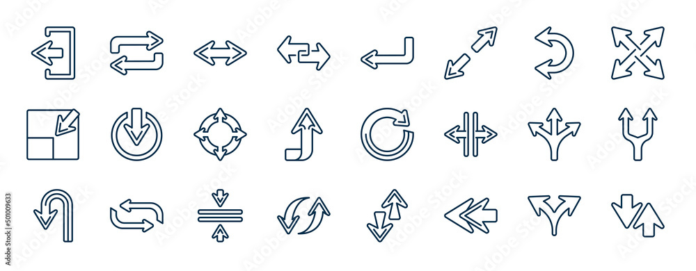 set of arrows web icons in outline style. thin line icons such as exit top right, transfer ...