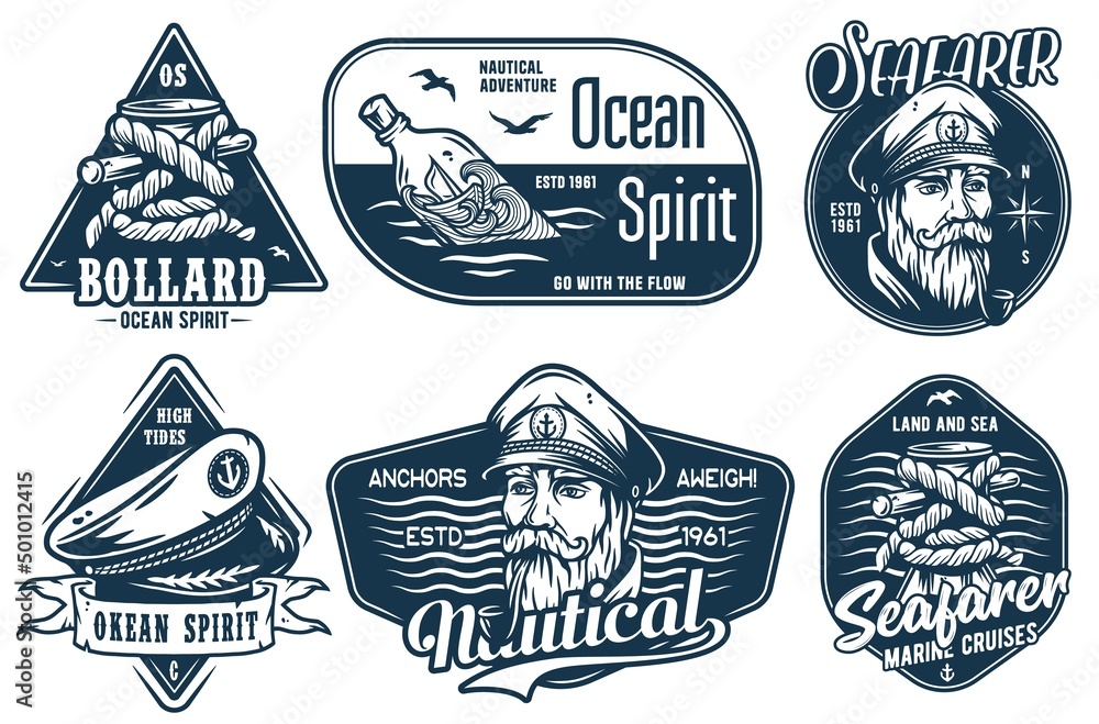 Nautical marine sailor prints, captain cap and bollard, sea wanderer ...