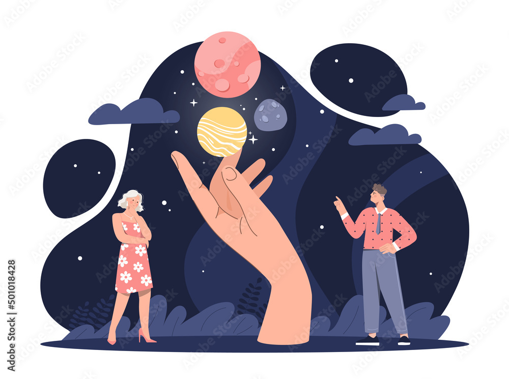 Spiritual experience concept. Man and girl in space, esoteric mysticism ...