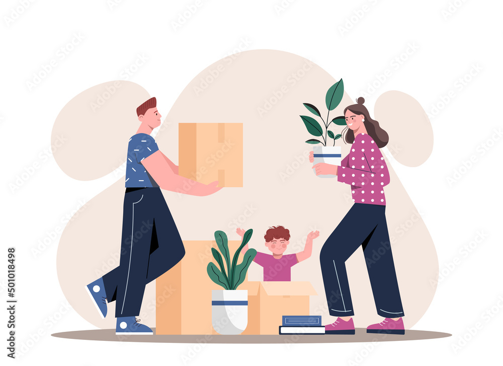 Unpacking household concept. Man and woman carry boxes to new apartment ...