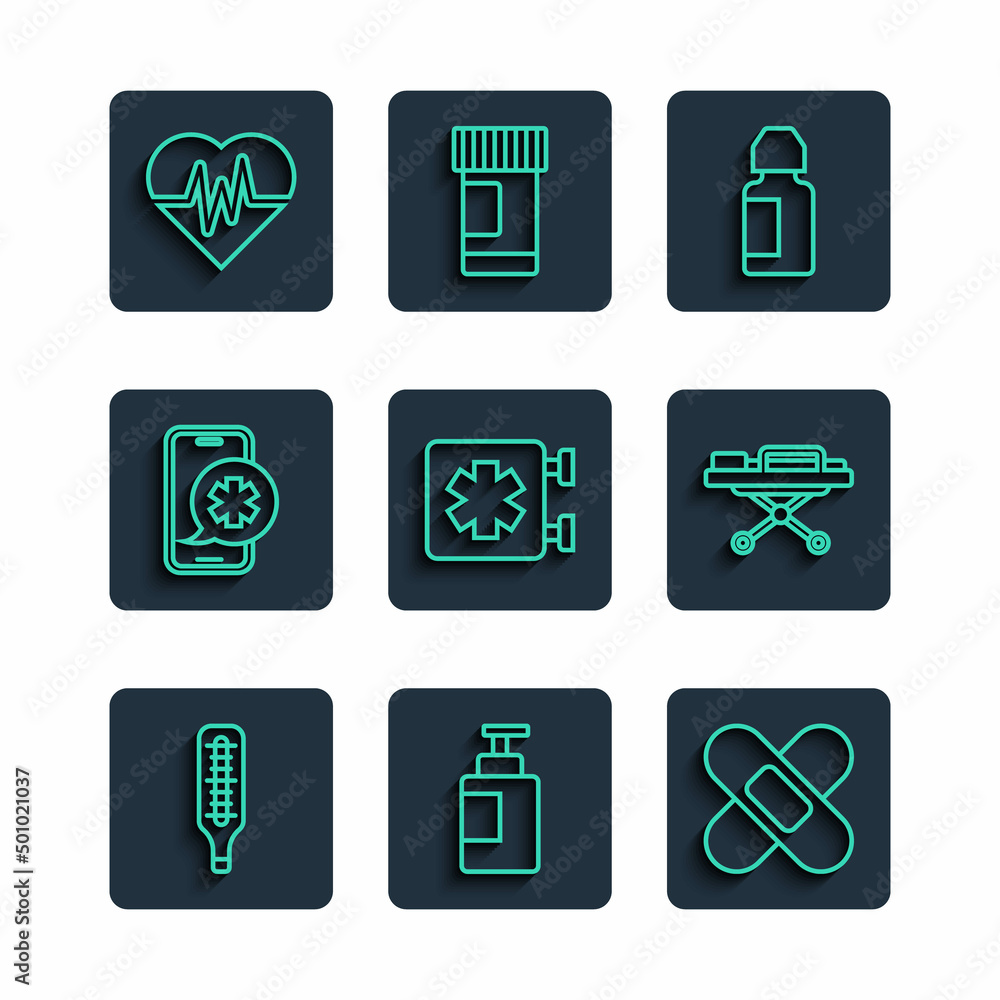 Set line Medical thermometer, Hand sanitizer bottle, Crossed bandage ...