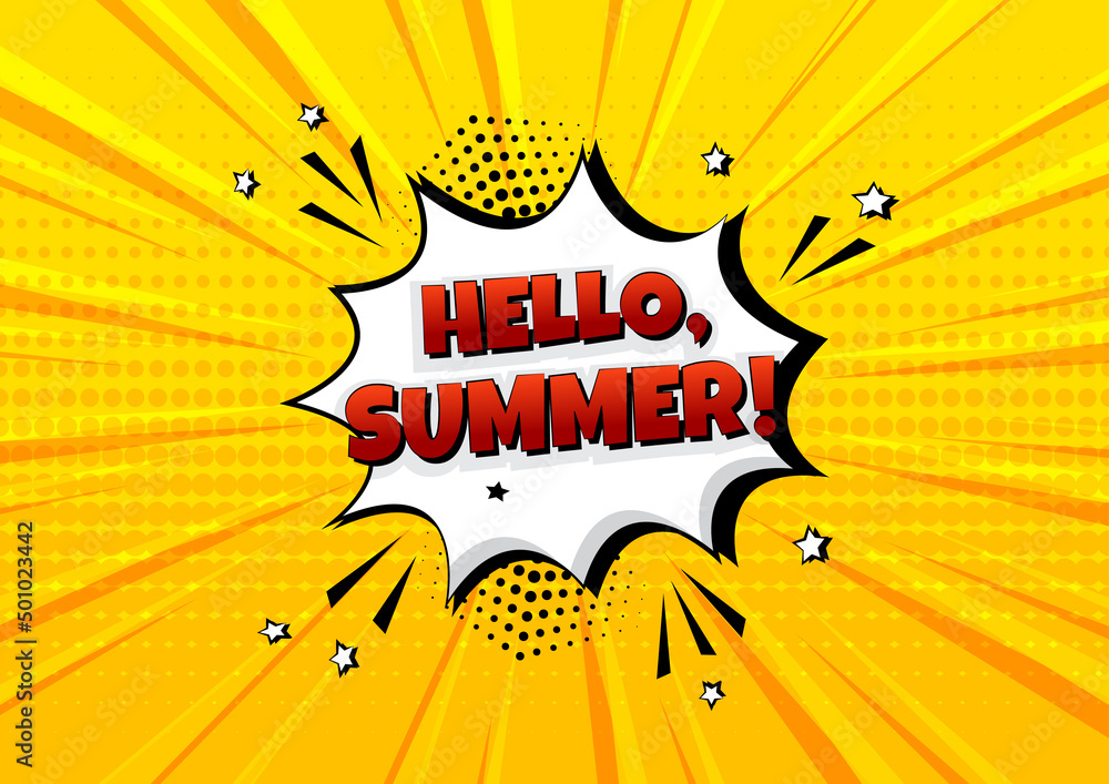 Hello, summer comic book vector background. Cartoon pop art font. Funny ...