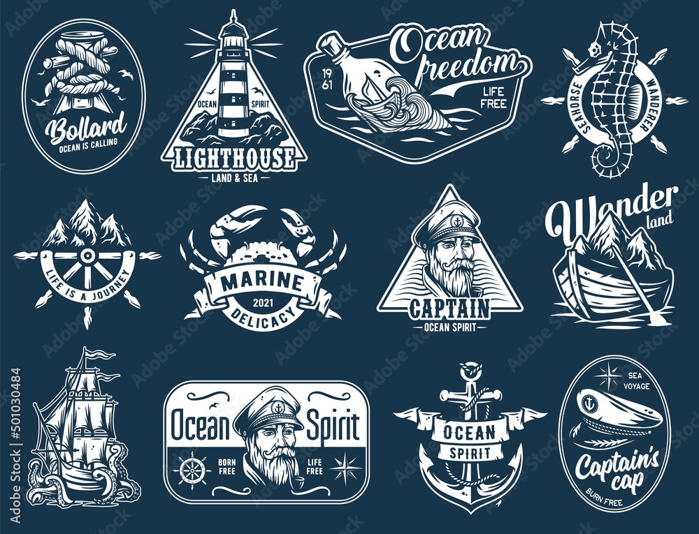 Nautical marine sailor prints, captain cap, anchor and bollard, sea ...
