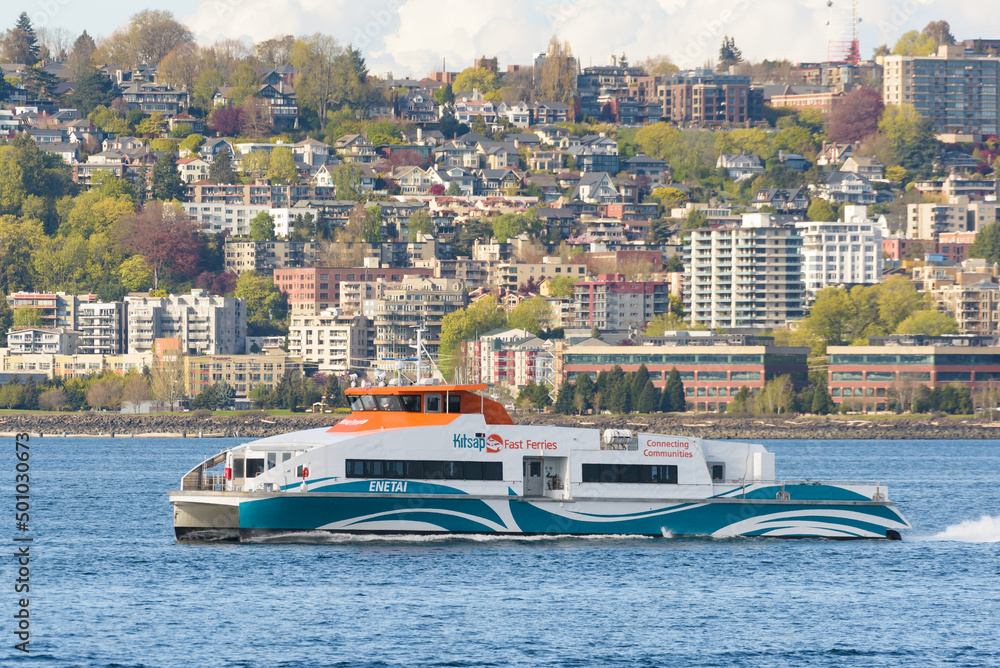 Seattle - April 22, 2022; Kitsap Fast Ferries catamaran Enetai leaving ...