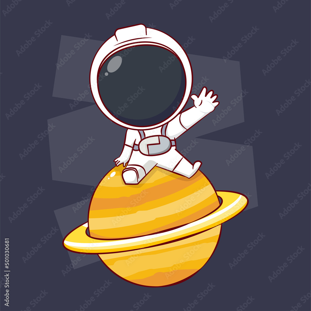 Cute cartoon of Astronaut sitting on the planet. Hand drawn chibi ...