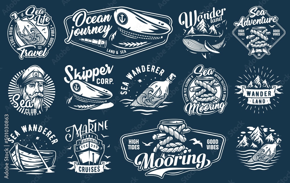 Nautical marine emblems, sea boat, ocean captain cap and ship, voyage ...
