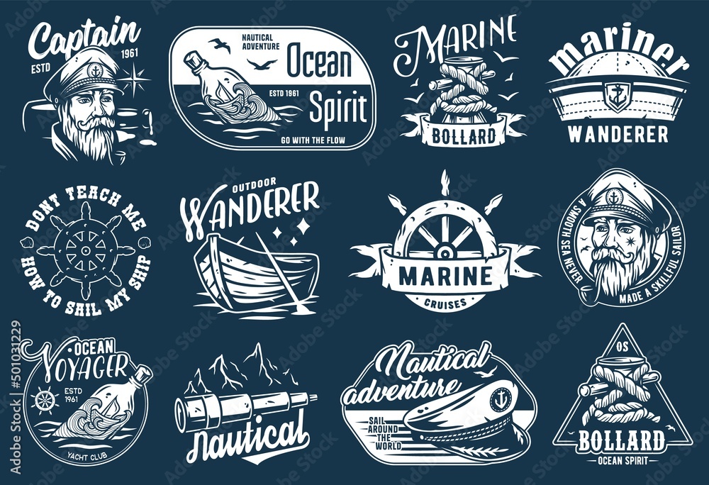Nautical marine sailor prints, captain cap, anchor and bollard, sea ...