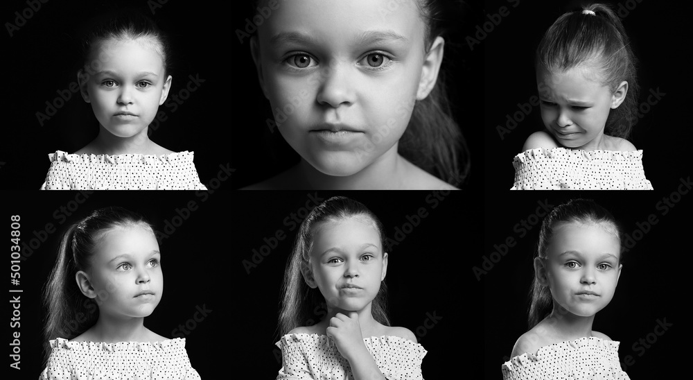Set of little girl showing different emotions on black background Stock ...