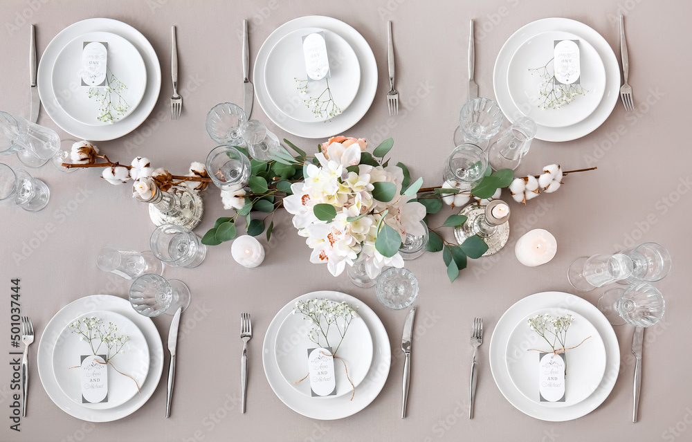 Beautiful table setting with wedding invitations, top view Stock Photo ...