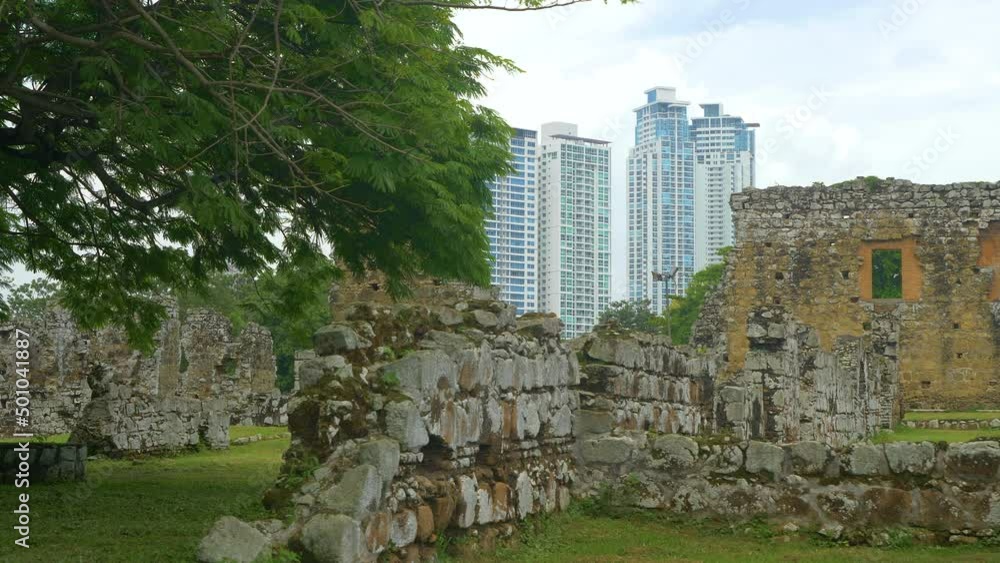 Ancient walls of old Panama Viejo remains standing poudly in front of ...