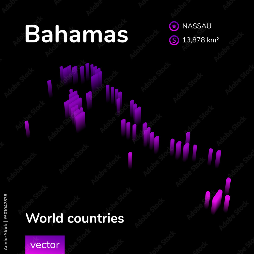 Bahamas 3D map. Stylized striped isometric neon vector Map of Bahamas ...