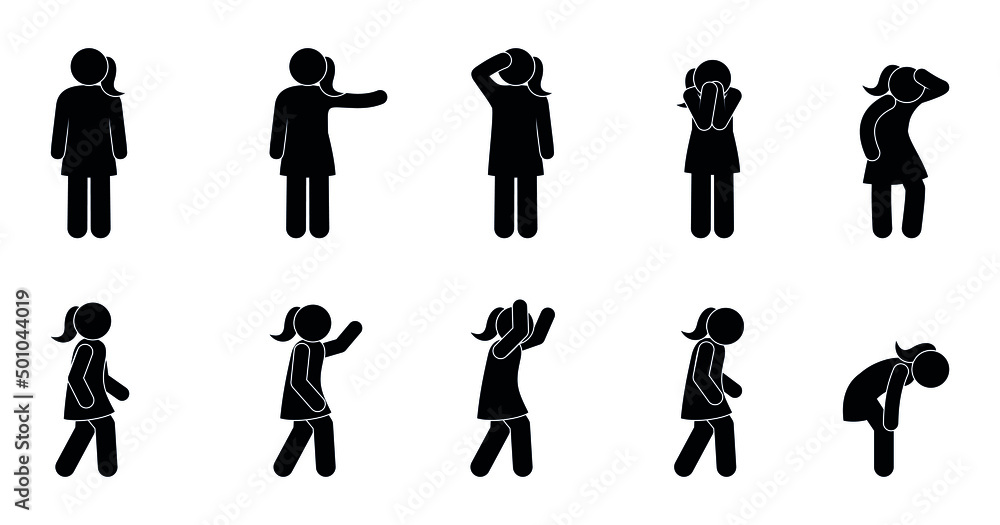woman standing and walking, basic set of female silhouettes, stick ...