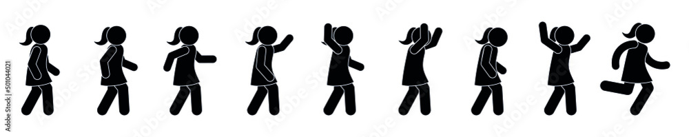 walking woman icon set, stick figure female silhouette, isolated vector ...
