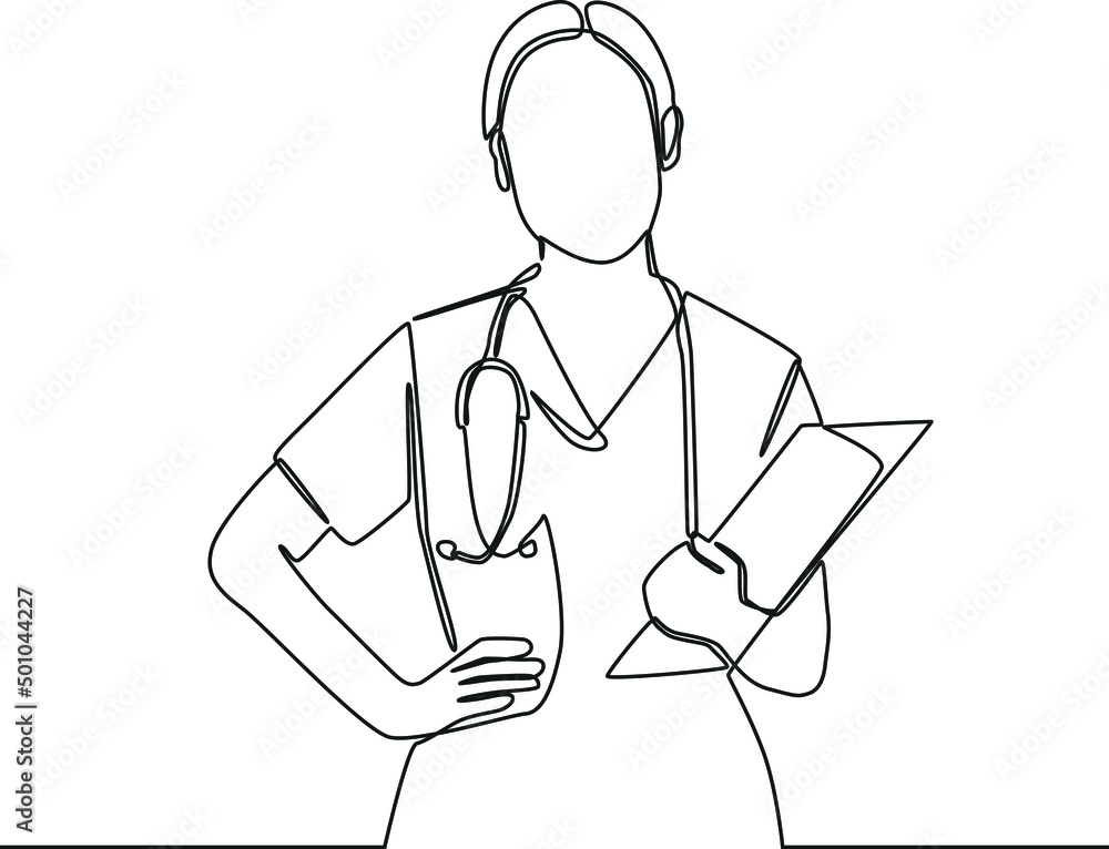 Continuous one line drawing woman doctor carry a stethoscope on her ...