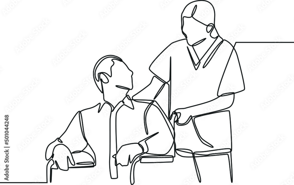 Poster Continuous one line drawing nurse taking care of mature male ...