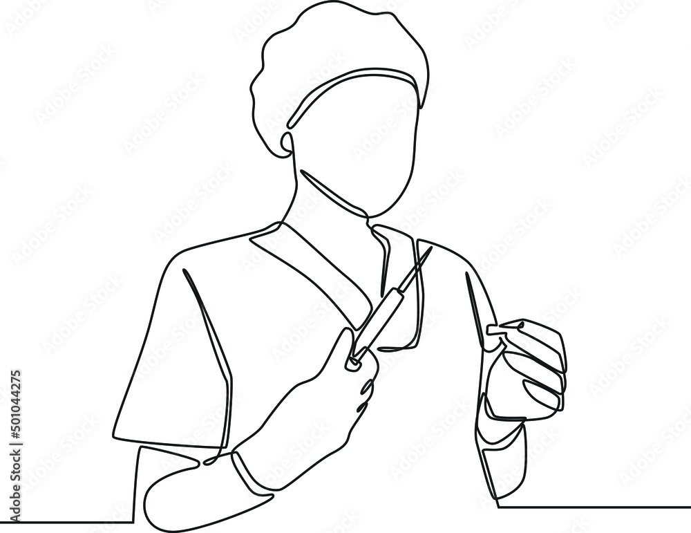 Continuous one line drawing Nurse hold syringe for patient ...