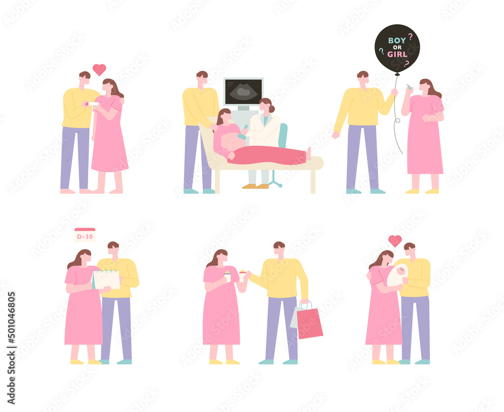 The birth process of a pregnant couple. flat design style vector ...