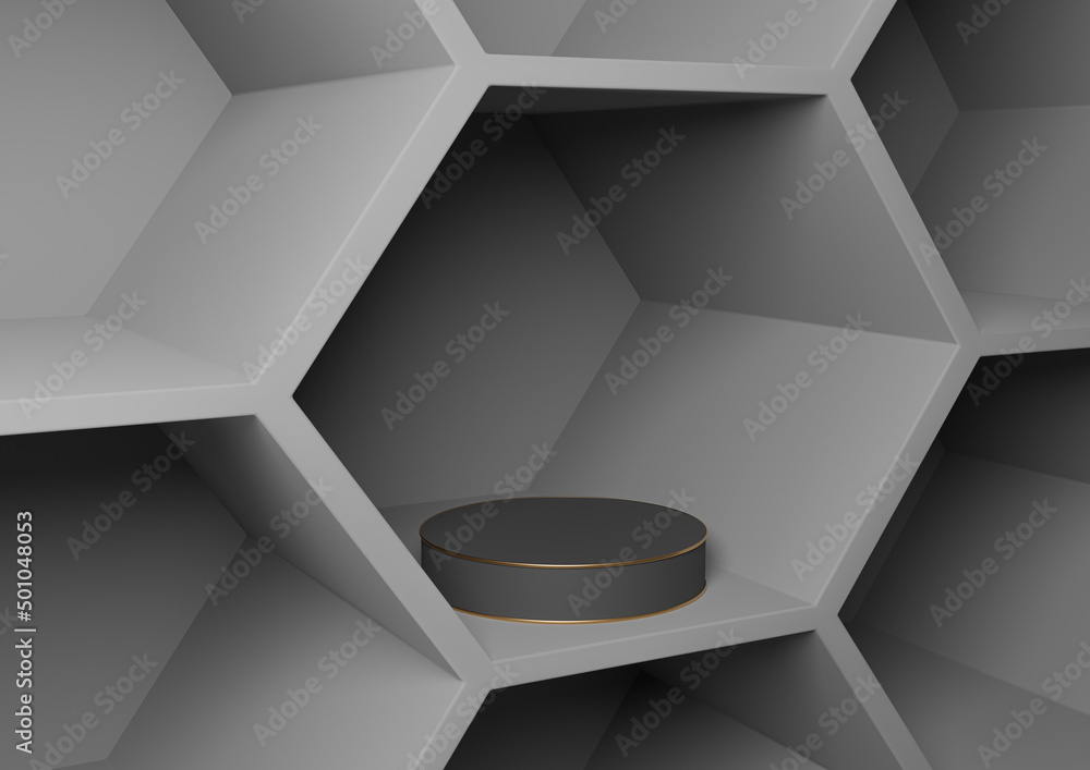 Dark graphite gray, black and white 3D rendering product display honeycomb pattern abstract ...