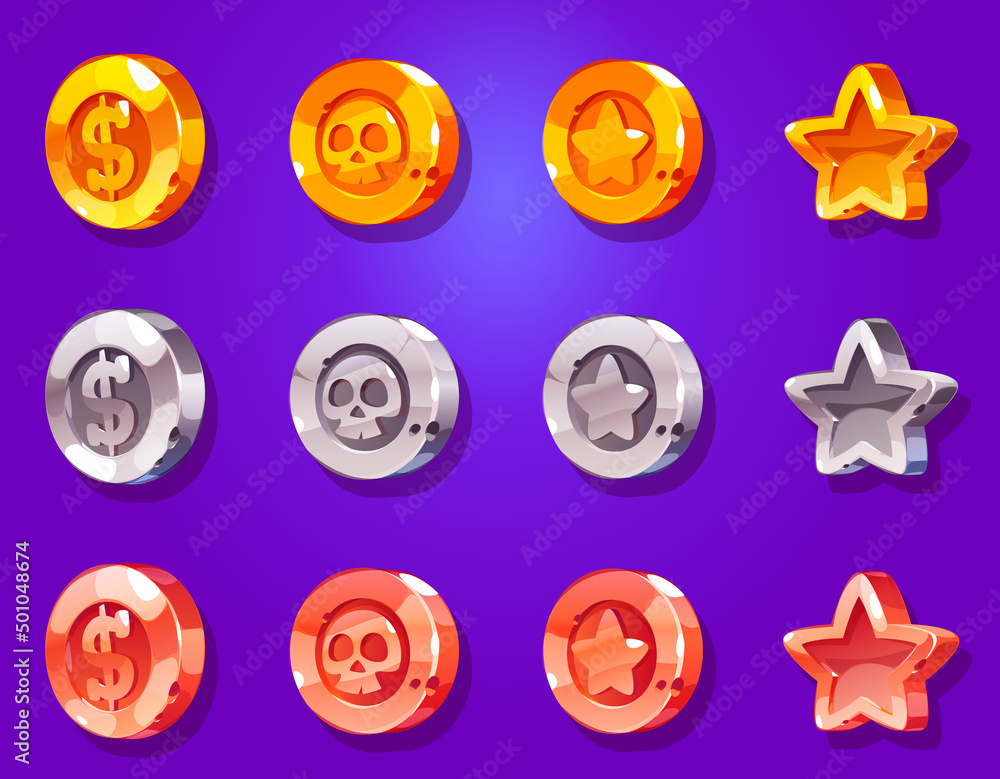 Game golden coins and badges with star, skull, and dollar sign. Vector ...