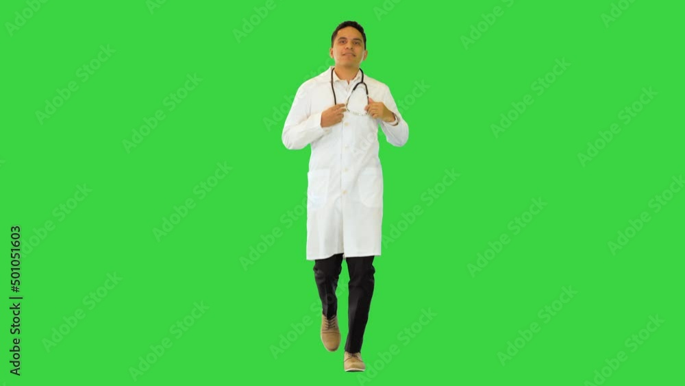 Hispanic doctor run wear white coat and stethoscope, medical worker ...