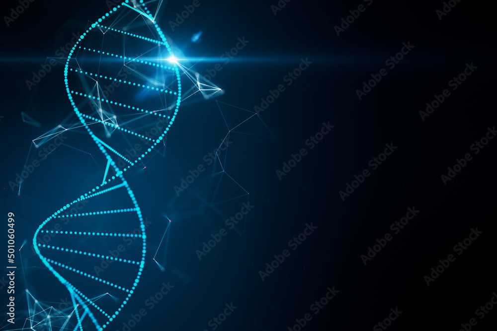 Abstract glowing DNA hologram on dark blue background with mock up ...