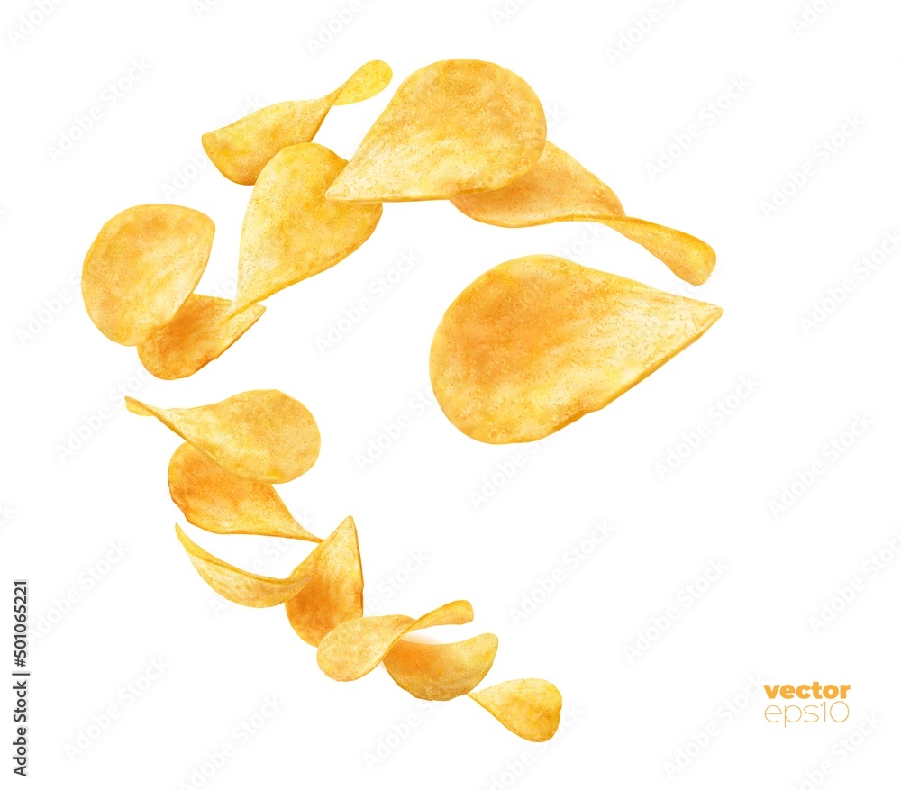 Wave splash of wavy potato chips, isolated flying snacks. 3d vector ...