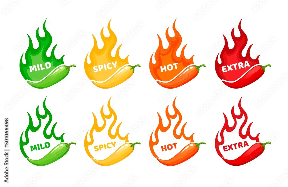 Hot spicy level labels, fire flames and red peppers symbols of mild ...