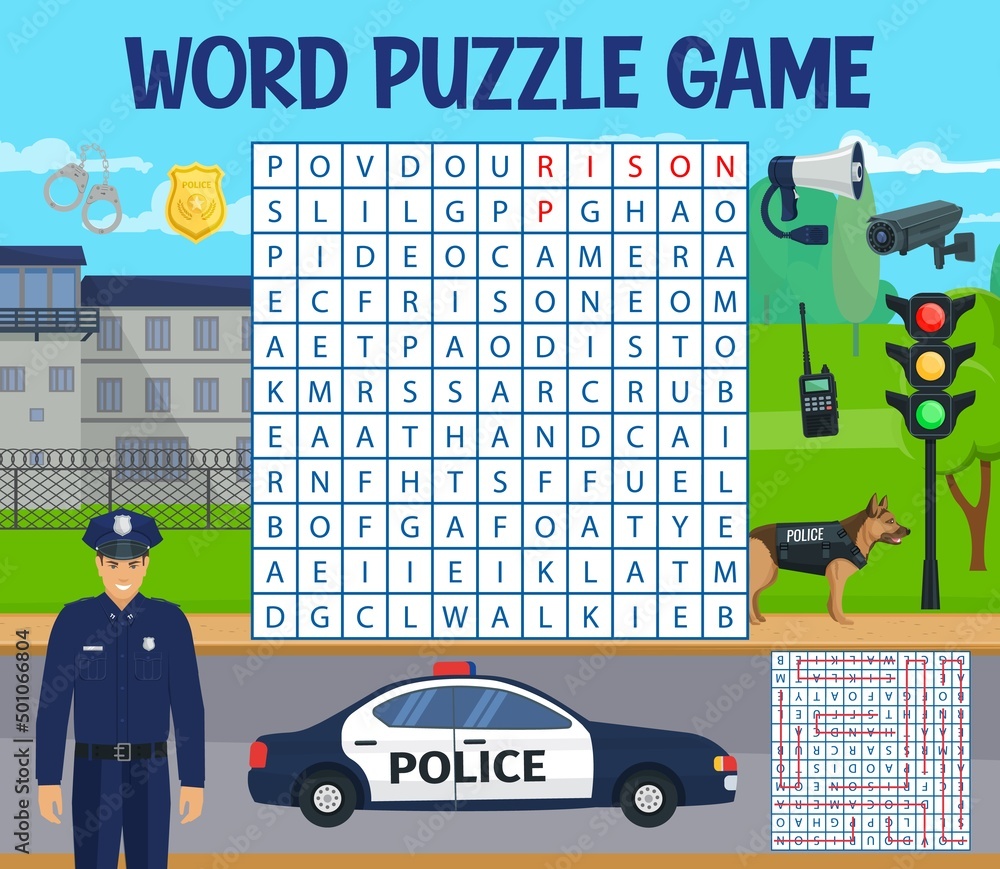 Police, law and policeman, word search puzzle game worksheet, vector ...