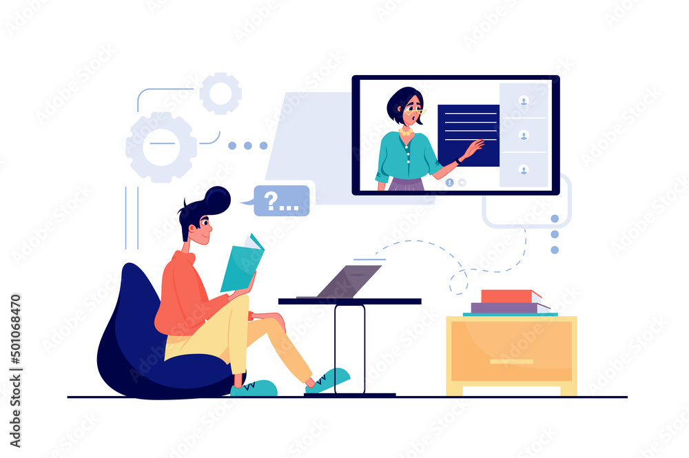 Distance learning concept in flat cartoon design. Student reads ...