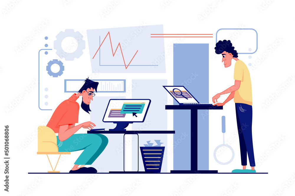 Benchmarking concept in flat cartoon design. Colleagues analyze data ...