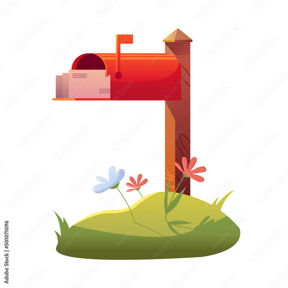 Red Mailbox with flag and letters inside. Flower bed. Vector cute ...