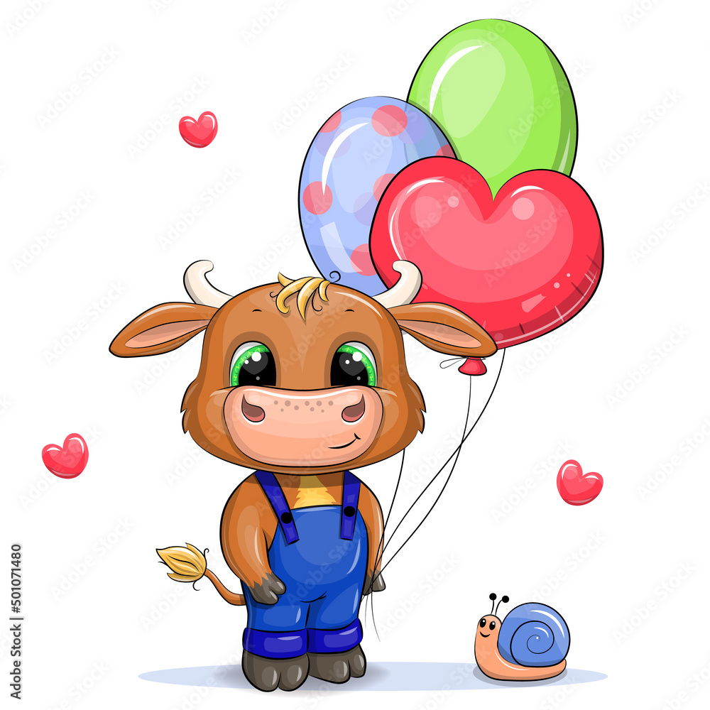 Cute cartoon baby bull with balloons and a snail. Vector illustration ...