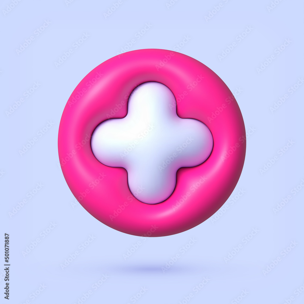 Plus in 3d style on white background. 3d cartoon vector icon. Stock ...